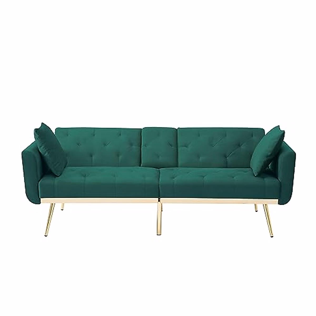 Eafurn Convertible Futon Sofa Bed with 2 Cup Holders, Modern Velvet Split-Back Folding Loveseat Sleeper Couches w/Adjustable Tufted Backrest,Square Armrest Sofabed, Dark Green 72.4" with 2 Pillows