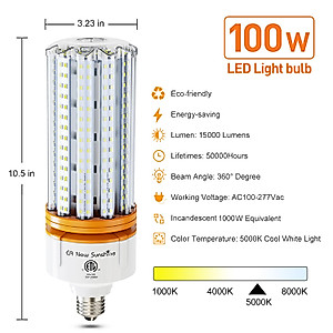 1000W Equivalent Led Corn Light Bulbs,100W Led Corn Bulb 15000 Lumen, 5000k Daylight White lamp, E26/E39 Medium Mogul Base, Large Area Lights for Outdoor Indoor Garage Warehouse High Bay Lighting