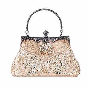 Evening Clutch Purse for Women - Crystal and Sequins Top Handle Bags - Elegant Crossbody Bag for Wedding Party Prom (Champagne)