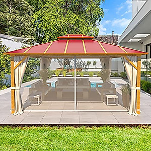 MELLCOM 12' x 14' Hardtop Gazebo, Wooden Finish Coated Aluminum Frame Outdoor Gazebo with Aluminum Double Roof, Claret Metal Gazebo with Curtains and Nettings for Patios, Gardens, Lawns