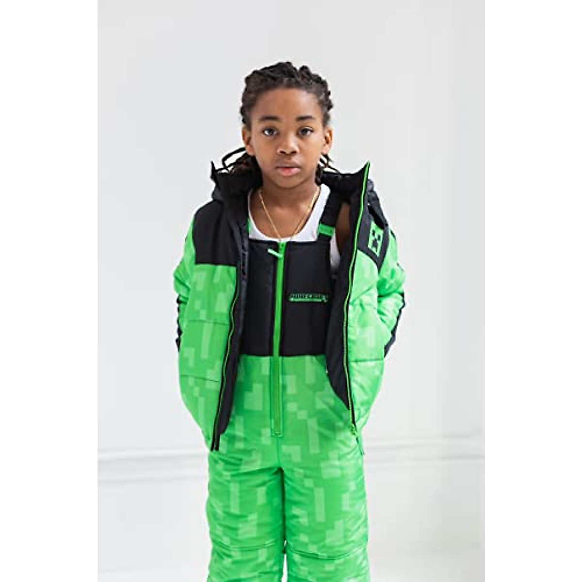 Minecraft Creeper Little Boys Zip Up Puffer Jacket and Snow Bib Ski Pants Green 7-8