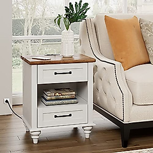 WAMPAT White Nightstand with Charging Station, Side Table with Two Drawers & Open Shelf, Mid-Century End Table Bedside Table with Solid Wood Legs, Night Stand for Bedroom, Living Room