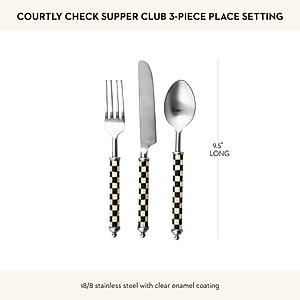 MACKENZIE-CHILDS Supper Club 3-Piece Place Setting, Fork, Spoon, and Knife Dinner Flatware Set, Black-and-White Courtly Check