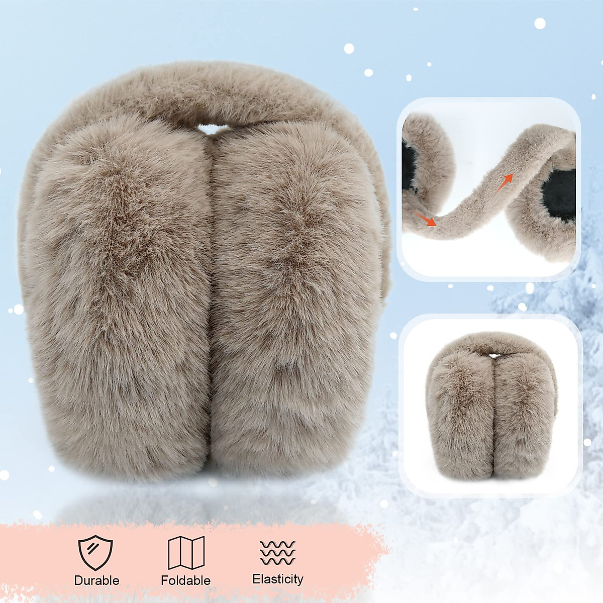 PIGBENGO Foldable Ear Muffs for Women Cold Weather Fluffy Earmuffs Winter Warm Headband Cute Slouchy Ear Warmers (Khaki)