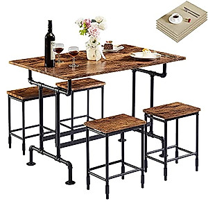 VECELO Dining Table Set for 4 Kitchen Industrial Bar Dinette with Rectangular Tabletop, Save Spacing&Sturdy Metal Frames for Home Breakfast Farmhouse Living Room Small Apartment, Brown