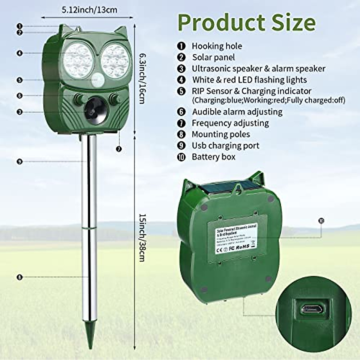 Kittmip 2 Pieces Ultrasonic Animal Repeller Solar Powered Animal Repellent Animal Deterrent Devices Waterproof with Motion Sensor Audible Alarm Flashing Light for Garden Cat Dog Mice Bird Deer