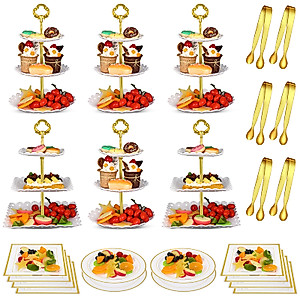 Mifoci 24 Pcs Cake Stand White Plastic Dessert Table Stand Set 6 Pcs 3 Tire Cupcake Display Stands Cookie Tray Rack Serving Tray Cupcake Display Tower 12 Pcs Dessert Trays 6 Tong for Wedding Tea Party