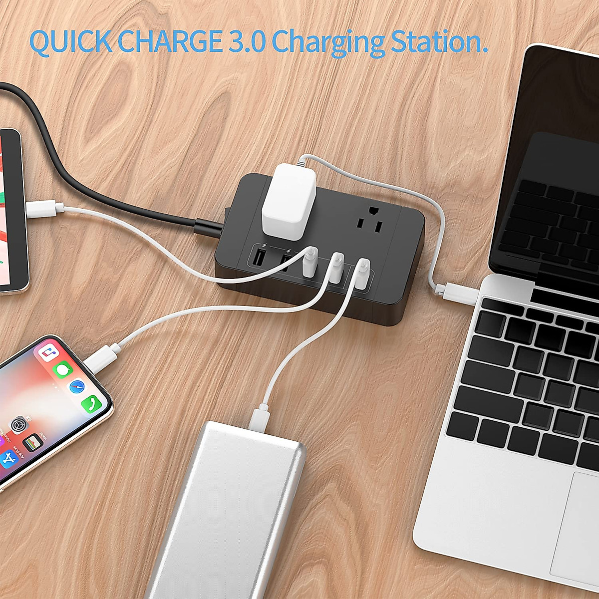 ROEA QC 3.0 Fast 5 USB Charger Power Strip Surge Protector 2Ac Outlet 6Ft 18A Long Extension Cord Flat Plug Home Office Dorm Travel Adapter Smart Desktop Extender, QC3.0-USB Quick Charger