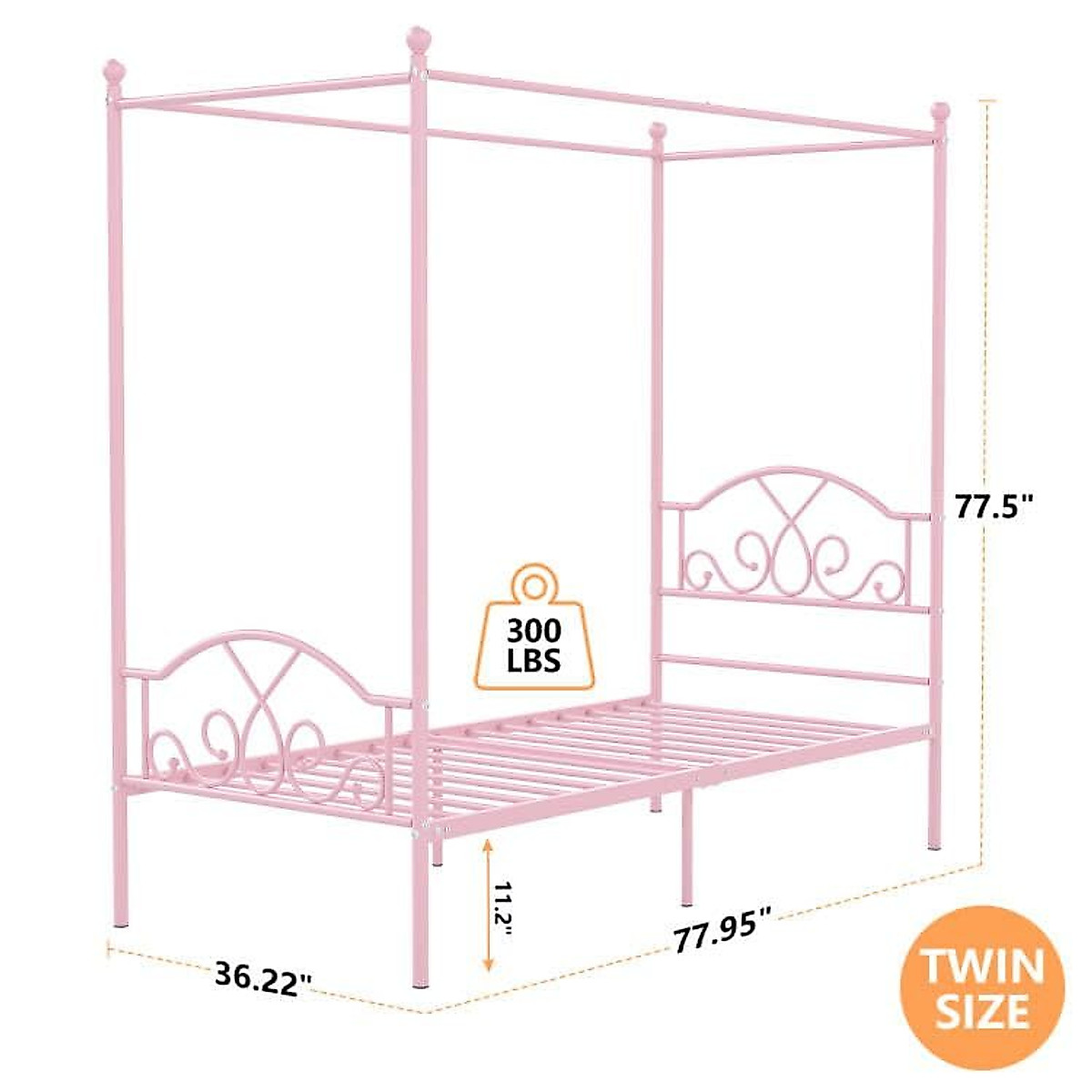 Weehom Princess Canopy Bed Frame with 4 Posters, Sturdy Metal Platform Mattress Foundation with Headboard&Footboard No Box Spring Needed Twin Size Bed for Kids Girls Adults Pink