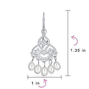 Boho Ethnic Indian Style White Freshwater Culture Pearl Fringe Chandelier Earrings Western Jewelry For Women Teen .925 Sterling Silver Fish hook