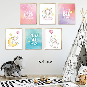 Elephant Inspirational Decor, Baby Girl Nursery Wall Art Prints, Elephant Nursery Wall Decor, Elephants Wall Art Decorations for Kids Nursery, Girl's Room (8"x10") Set of 6 Unframed