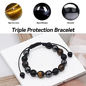 TAGOMEI Triple Protection Bracelet Gifts for Mens Bracelet, Tiger Eye Bracelet Men Black Obsidian Hematite 10mm Handmade Beaded Bracelets for Men Women, Natural Crystal Jewelry Stone Bracelets Gifts