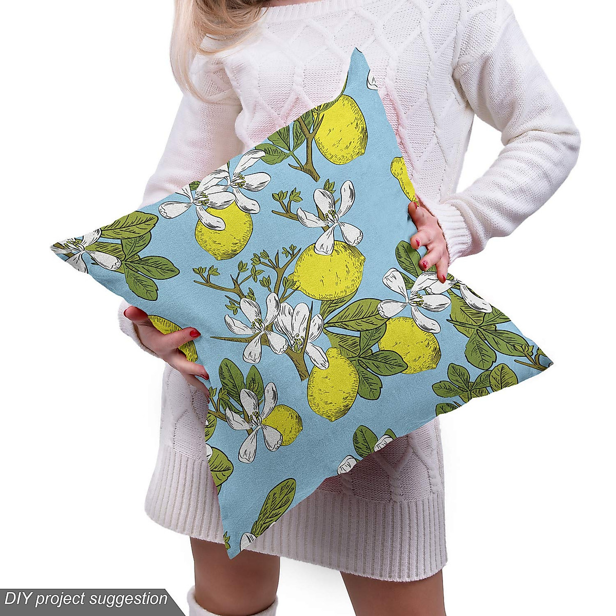 Ambesonne Botanical Fabric by The Yard, Fresh Lemon Patterns with Blossoms and Branches Botanical Spring Art, Decorative Fabric for Upholstery and Home Accents, 2 Yards, Yellow Blue