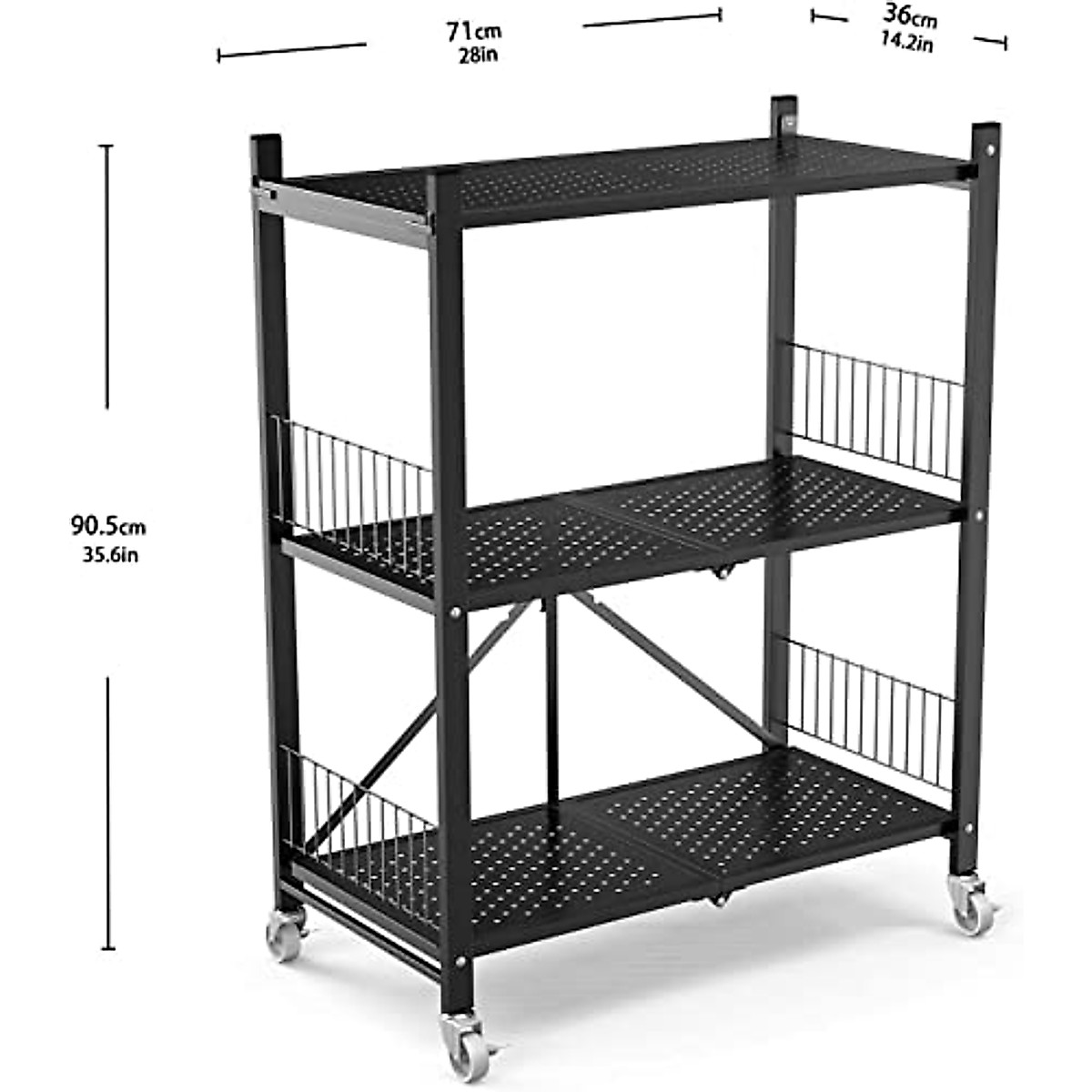 GUUVOR 3-Shelf Foldable Storage Shelves with Wheels,Kitchen Shelves Freestanding Foldable Metal Storage Shelf,No Assembly Storage Shelves,Heavy Duty Movable Shelving for Storeroom,Garage,Office