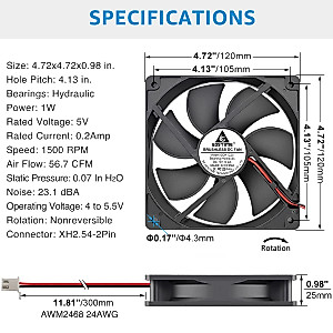 GDSTIME 5Volt 120mm Fan, 1500RPM 120mm x 25mm DC Brushless Cooling Fan