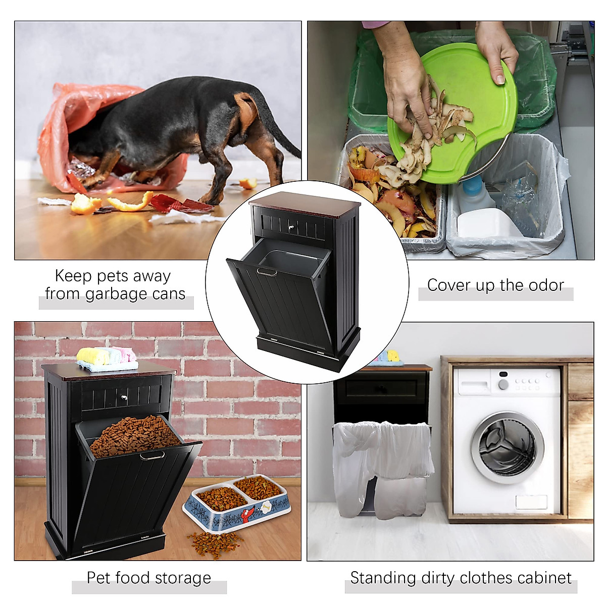 TOLEAD Tilt Out Trash Cabinet,Antique-Style Beadboard Kitchen Island with Solid Wood Tabletop & Drawer, Pet Proof Trash Can, Wood Laundry Cabinet (Single Black)