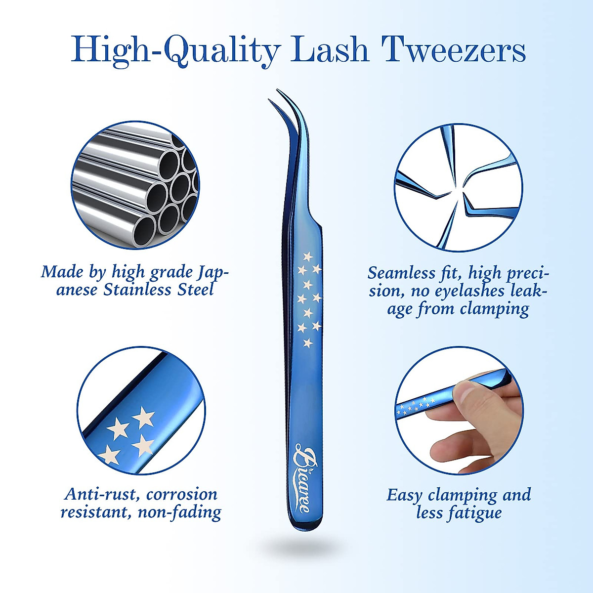 BICAREE Eyelash Extension Tweezers for Isolation & Classic Lashes, Stainless Steel Precision Tweezers (Straight, Blue)