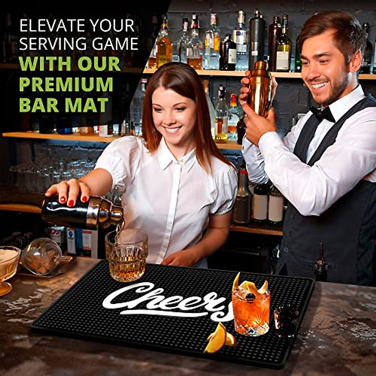 Knot and Style Bar Mat Counter Top - 17.7 x 11.8 inch, Black Waterproof, Non-Slip, Non-Toxic, Heavy Duty Rubber, Easy to Clean, Perfect for Bars & Restaurants, Premium Quality (Cheers)