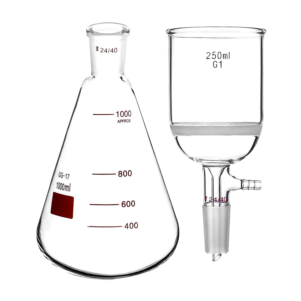 QWORK 250ml Glass Buchner Filtering Funnel and 1000 ml Erlenmeyer Flask, Thick Wall Flask with 24/40 Outer Joint