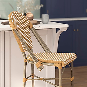 Flash Furniture Lourdes Commercial Grade Bistro Barstool, Stackable Indoor/Outdoor Dining Stool, 30"High, Natural/White & Light Natural Finish, Set of 2