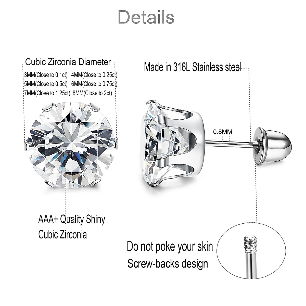 LOYALLOOK 6 Pairs Stainless Steel Clear Cubic Zirconia Stud Earring Ear Piercings for Women 3-8mm