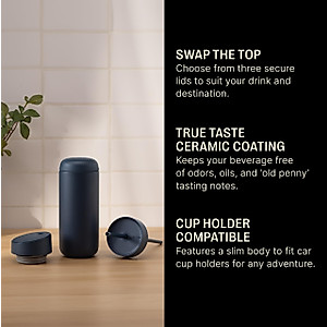 Fellow 16 oz Carter Bundle (3 in 1) Travel Mug with Slide-Lock, Move & Cold Lids with Straw - To-Go Coffee Tumbler, Ceramic Interior & Vacuum-Insulated Stainless Steel - Coffee Cups-Stone Blue