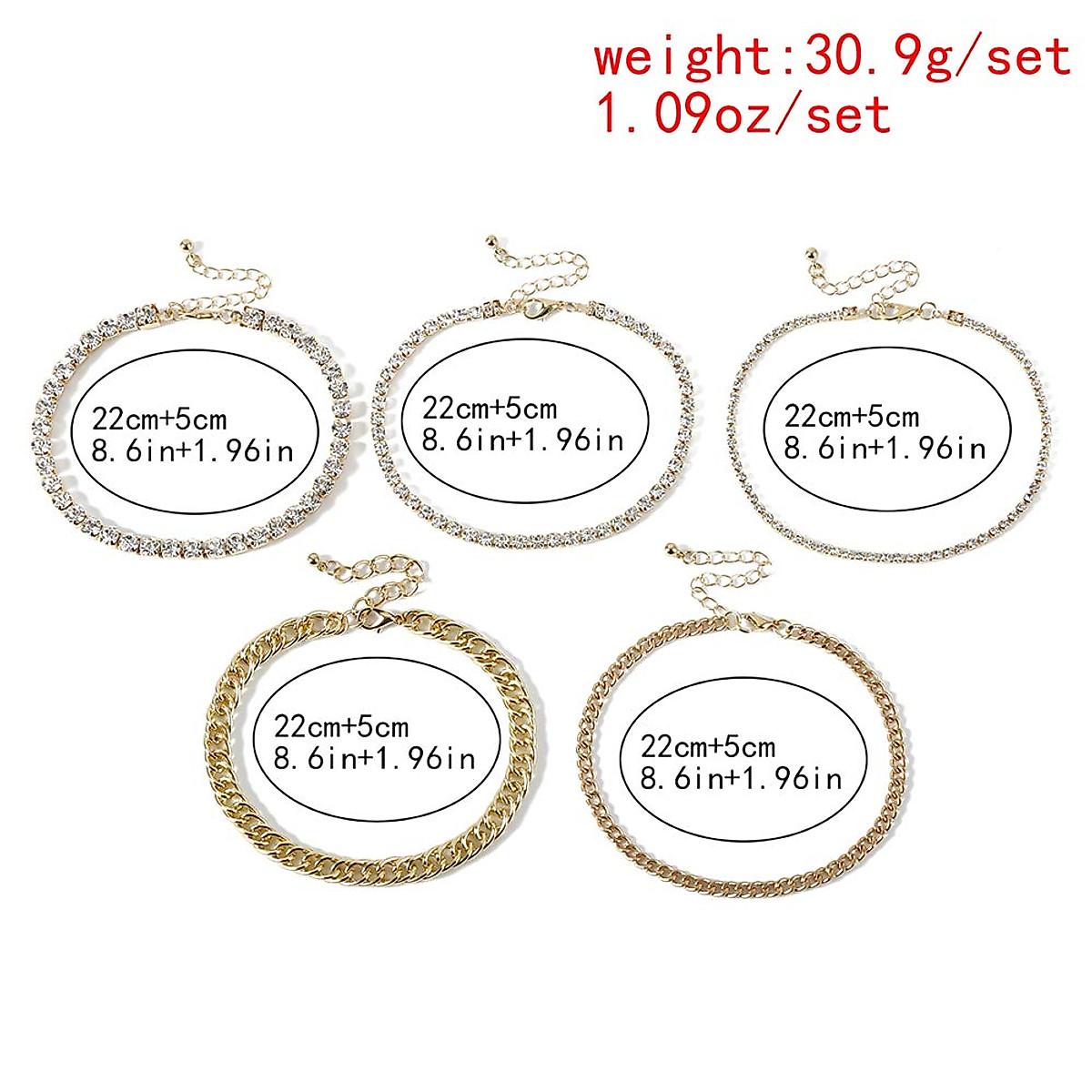 kelistom Cuban Link Rhinestone Tennis Anklet Set for Women Teen Girls, 18K Gold or White Gold Plated Chain Ankle Bracelets for Women with Extension