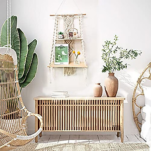Macrame Wall Hanging Shelf - Wood Boho Wall Shelf with Woven Ripe, Boho Indoor Hanging Shelves for Wall Display, 2 Tier Handmade Macrame Bohemian Shelf, Boho Deocr for Living Room, Bedroom, Bathroom