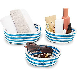 Round Woven Storage Baskets, Blue and White Stripes (3 Sizes, 3 Pack)