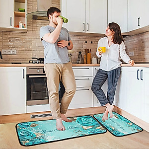 Turquoise Kitchen Rugs and Mats 2 Piece Non Slip Washable Teal Runner Rug Set for Floor Rose Kitchen Decor and Accessories Sweet Home Seasoned Love