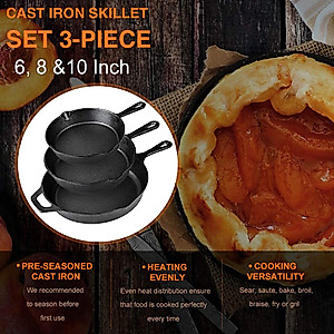 Pre-Seasoned Cast Iron Skillet Set of 3 | 6", 8" & 10" Cast Iron Frying Pans with 3 Heat-Resistant Holders & Oil Brush - Indoor and Outdoor Use - Oven Grill Stovetop Induction Safe Cookware