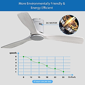 CACI Mall 52 Inch Low Profile Ceiling Fan No light DC 3 Carved Wood Fan Blade Flush Mount Ceiling Fan Without Light, Noiseless Reversible Motor Remote Control Silver