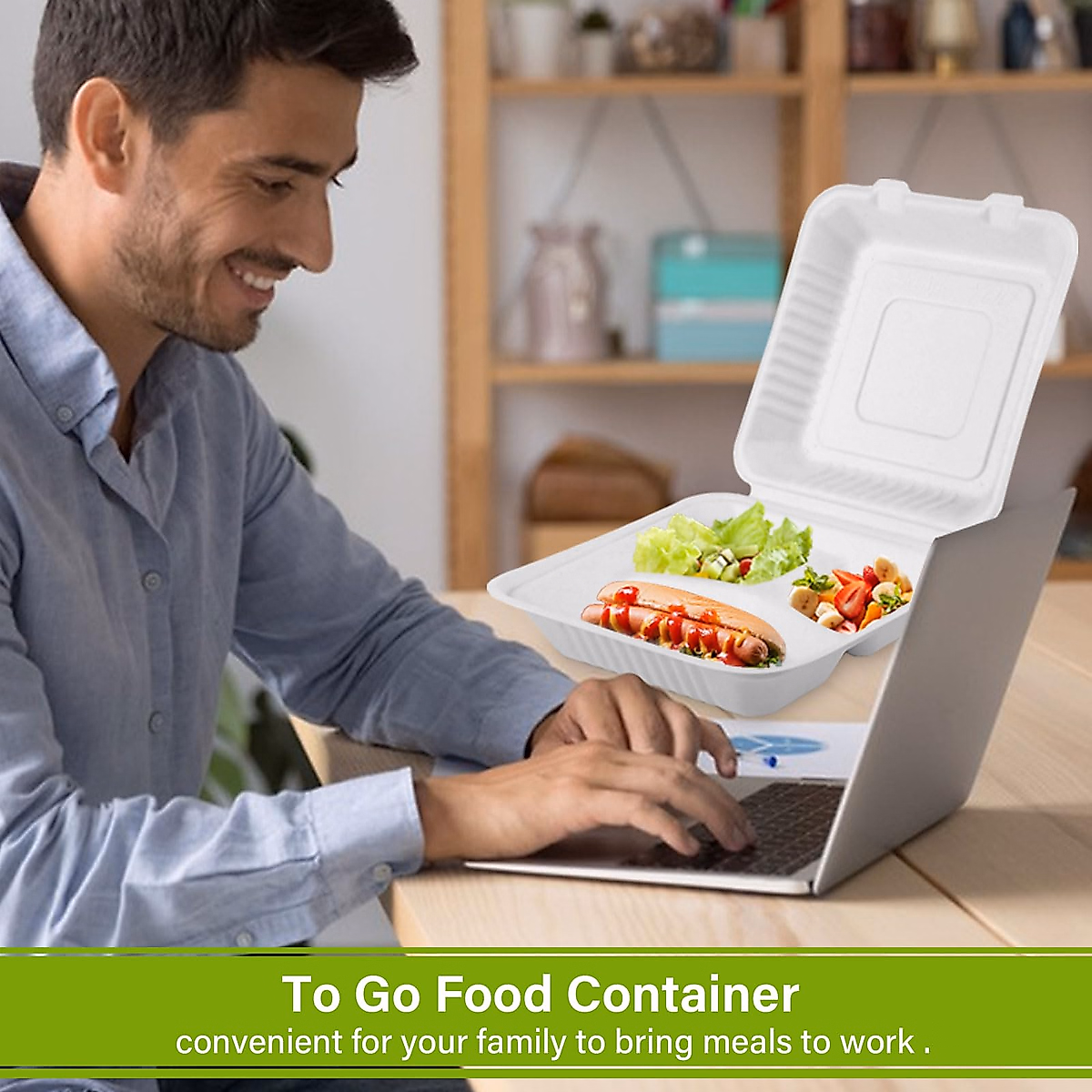 greensight Compostable Take Out Food Container 8X8, 100 Pack 3 Compartment Clamshell Food Container, Disposable To Go Food Boxes, Biodegradable Food Containers Made of White Sugar Cane Fibers