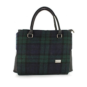 Mucros Weavers Women's Handbag - Emily Style - Wool Tweed and PU Leather Made in Ireland (Blackwatch)