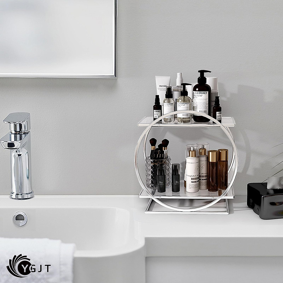 YGJT Bathroom Counter Organizer, 2 Tier Perfume Organizer for Dresser, Makeup Organizer Countertop for Vanity, Skincare Organizer Perfume Holder Tray Cosmetic Display Rack, Gifts for Women(Silver)