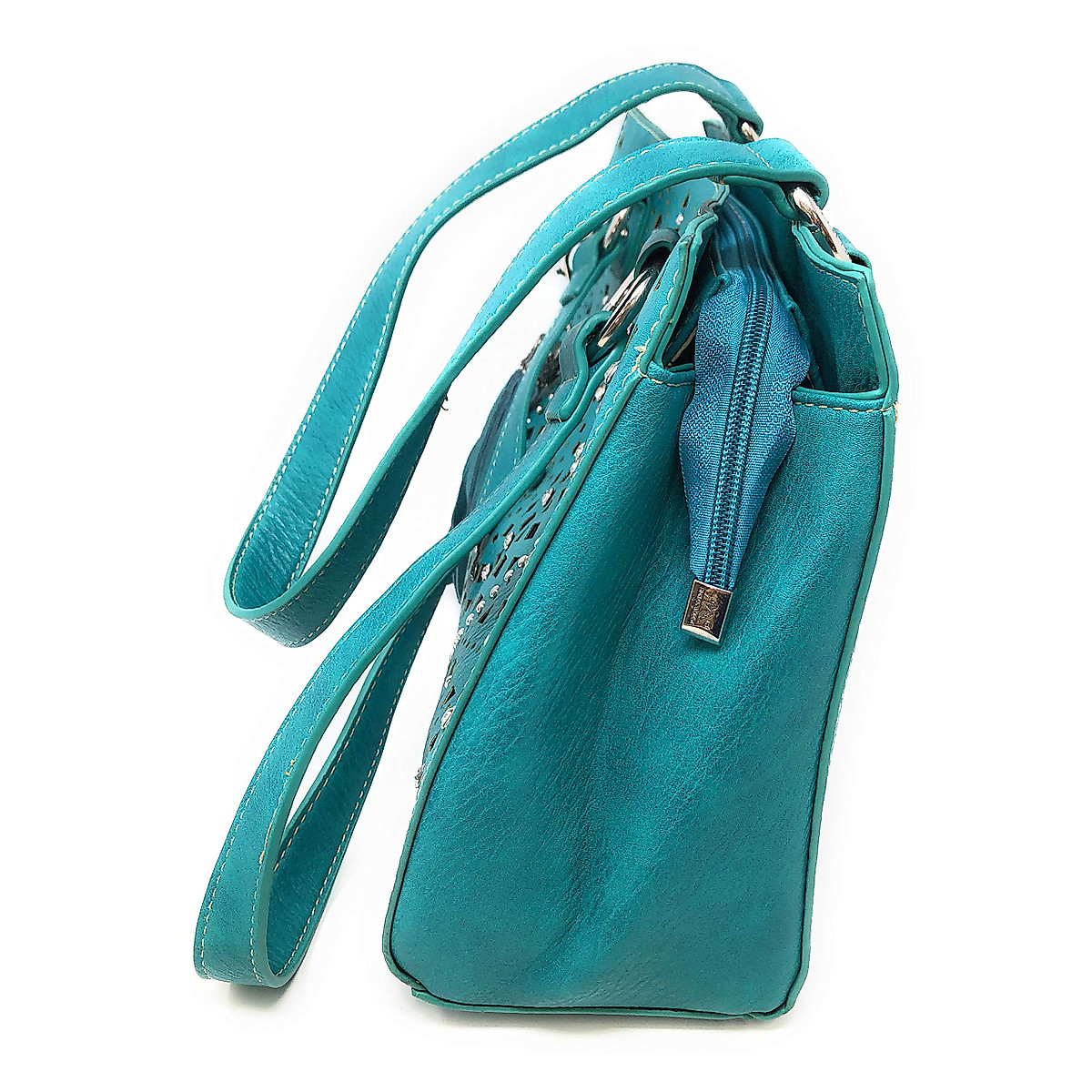 Set of Women's Concealed Carry Tote Double Flat Strap Purse with Laser Cutout Inlay with Matching Wallet (Turquoise)