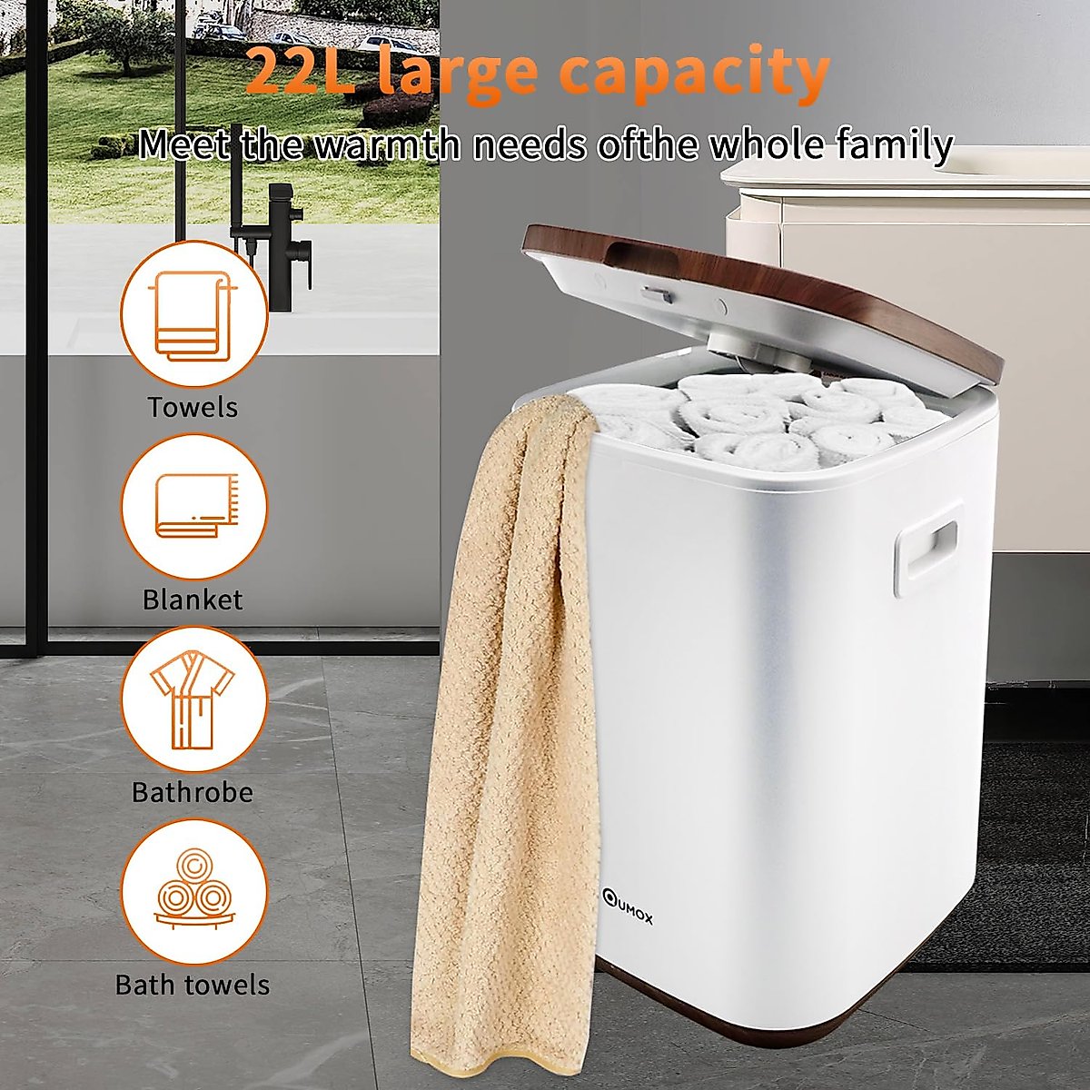 Qumox Towel Warmer Bucket, Large Towel Warmer with 3 Heating Modes, Heat Time 20/40/60 Min Adjustable, Auto Shut Off and Up to 24 Hour Delay Timer, Towel Heater for Oversize Bathrobes Blankets