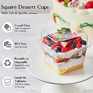 Qeirudu 50 Pack 8 oz Square Plastic Dessert Cups with Lids and Sporks, Disposable Cake Cups with Lids, Yogurt Parfait Containers for Fruit, Pudding, Mousse, Ice Cream and Strawberry Shortcake