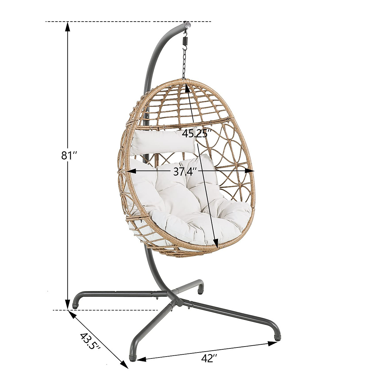 Ulax Furniture Swing Egg Chair with Stand - Indoor/Outdoor Wicker Rattan Hammock Chair with UV-Resistant Cushions - Patio Hanging Chair for Garden, Deck, and Poolside