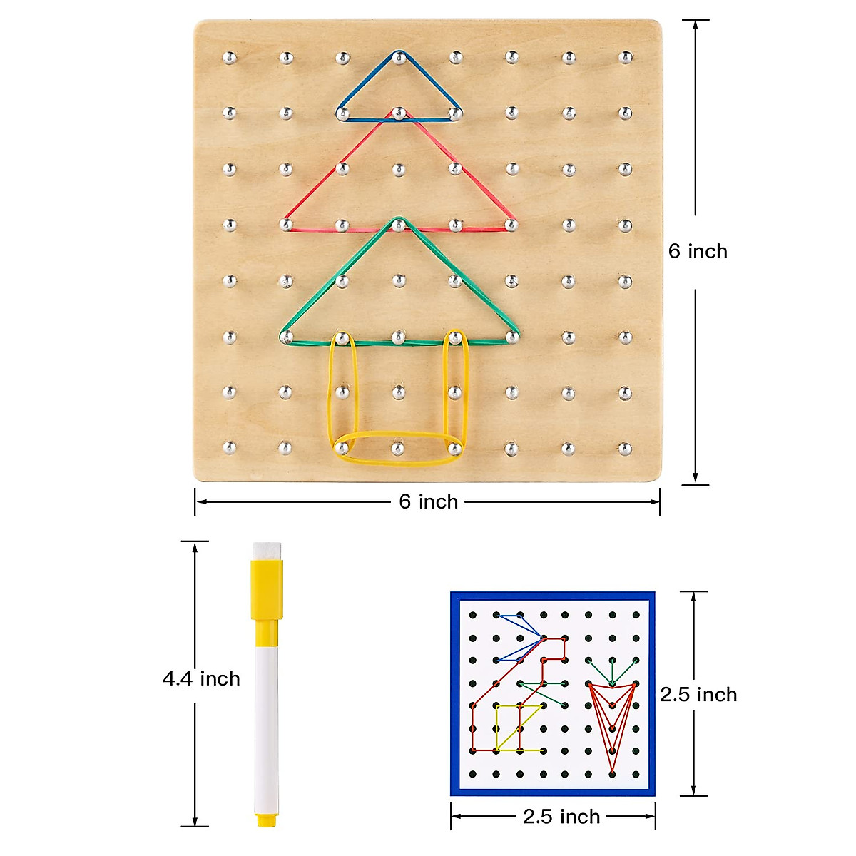 SGVV90 Wooden Geoboard,Mathematical Manipulative Material Array Block Geo Board with Pattern Cards and Rubber Bands to Create Figures and Shapes,Montessori Toy,Brain Teaser STEM Toy for Children Kids