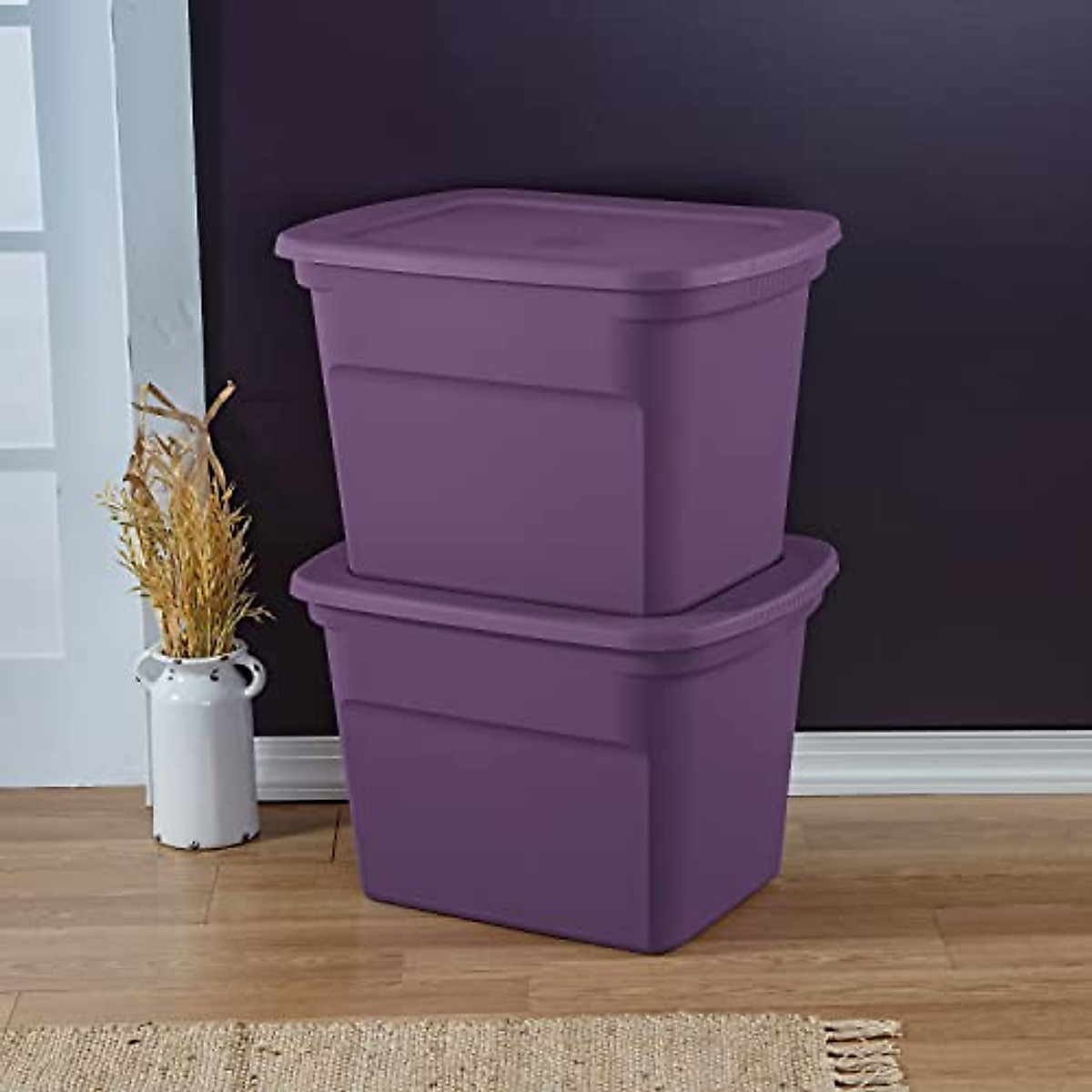 Sterilite 17318V08 Lidded Stackable 18 Gallon Storage Tote Container w/Handles and Indented Lid for Efficient, Space Saving Household Storage, Purple