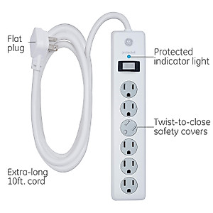 GE Pro 6 Outlet Surge Protector Adapter Spaced Tap, 3-Prong Power Strip, White & 6 Outlet Surge Protector, 10 Ft Extension Cord, Power Strip, 800 Joules, Flat Plug, White, 14092