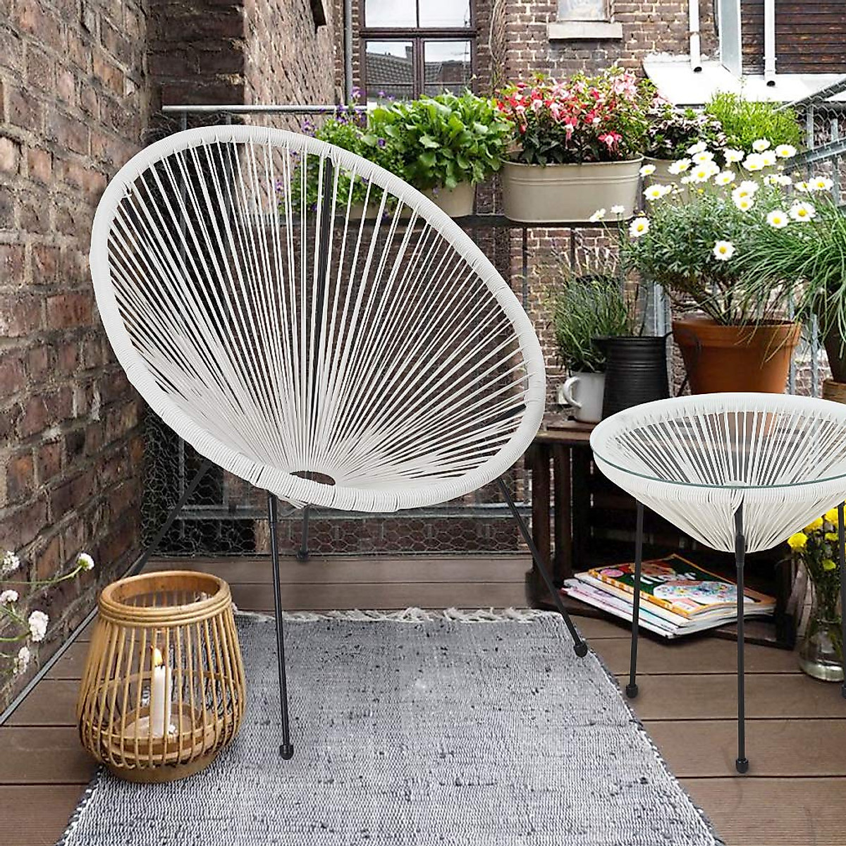 FDW Patio Bistro Set Bistro Table Set Acapulco Chairs Outdoor Chairs Set of 2 All-Weather Hammock Weave Chair Set of 2 and Glass Top Side Table Small Patio Table and Chairs White