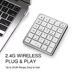 PINKCAT Wireless Number Pad, 28 Keys Numeric Keypad with 2.4G Mini USB Receiver, Portable Number Numpad Financial Accounting for Laptop, PC, Notebook, Desktop, Surface Pro - Silver