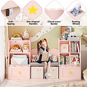 FACBOTALL Kids Bookshelf with Reading Nook, Kids Bookcase with Soft Cushion Seat, 2 Wheels Drawers and 8 Storage Cubbies, Toy Storage Organizer for Kid's Room Playroom, Bedroom, School, Pink