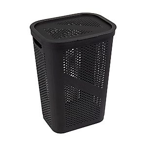 Mind Reader 60L Slim Laundry Hamper, Clothes Basket, Lid, Ventilated, Plastic, 17.25"L x 13.75"W x 23.5"H, Set of 2, Black