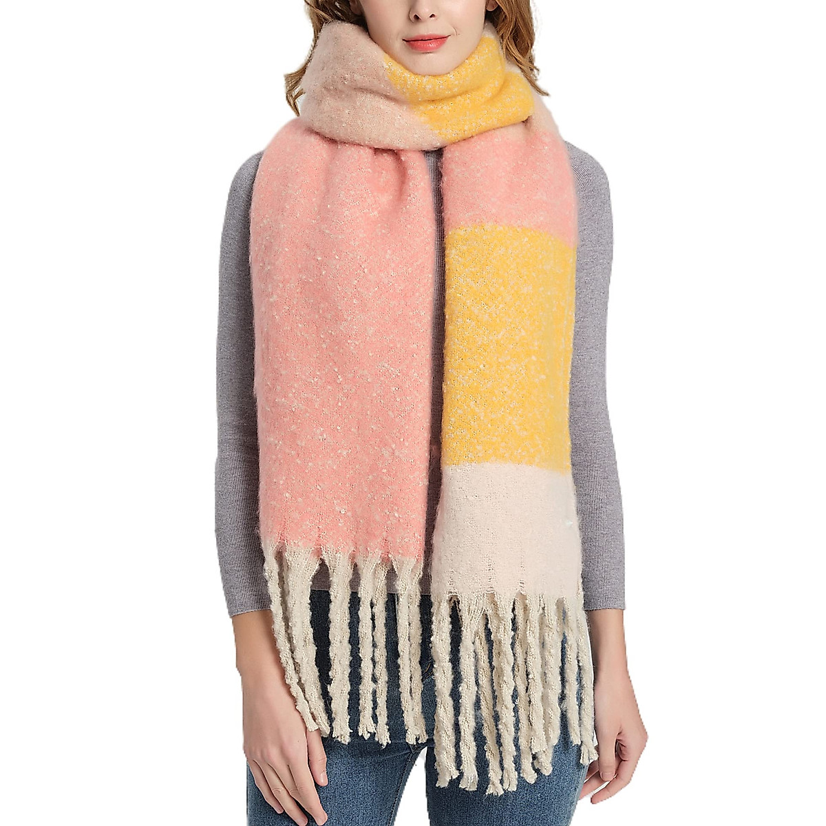 Wander Agio Winter Warm Scarf for Women Long Shawl Large Scarves Cold Weather Thick Blanket Scarfs Color Matching Yellow Pink 9