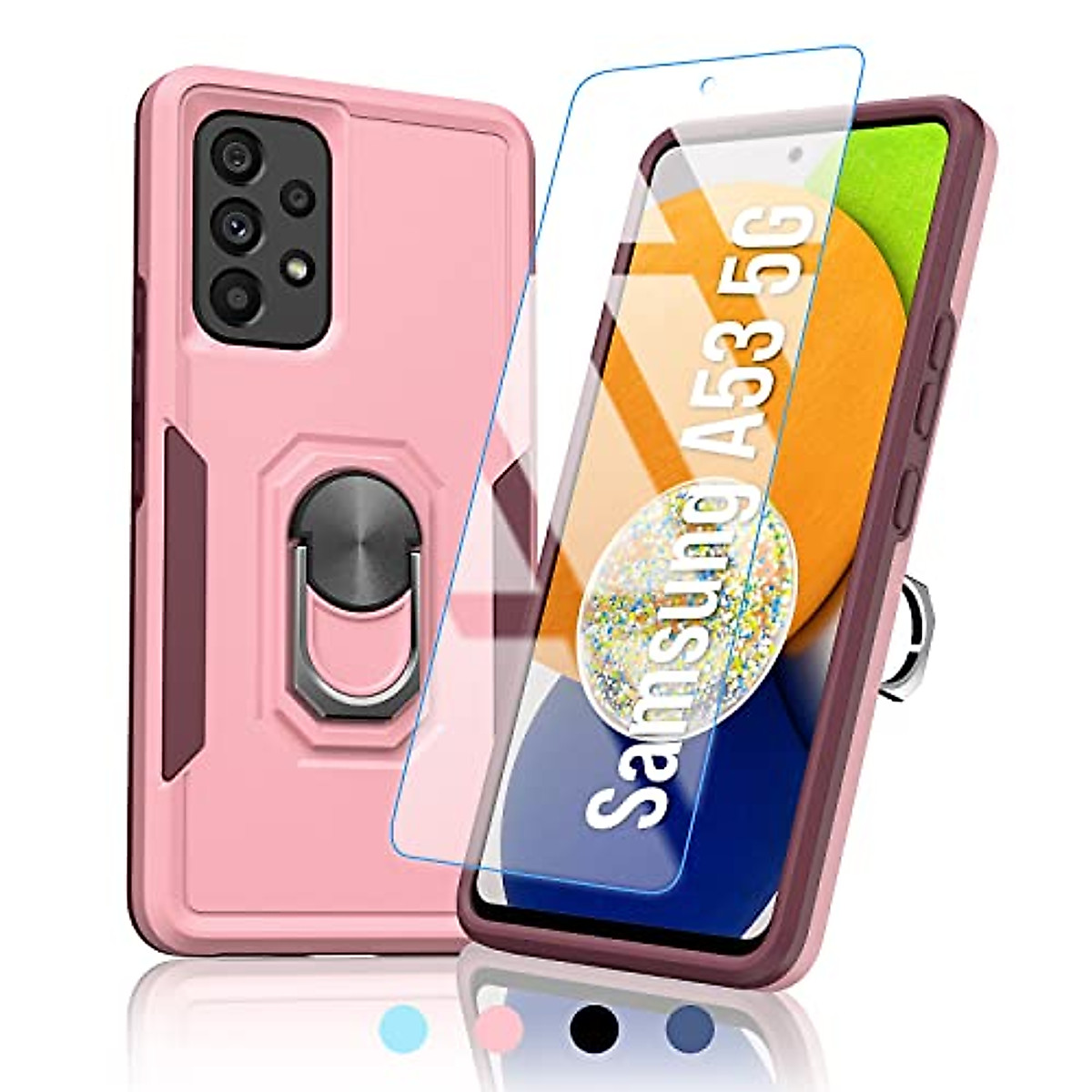TUNKARMOR for Samsung Galaxy A53 5G | A53 5G UW Case: with Tempered Screen Protector Built in Rotable Ring Kickstand Military Grade Dual Layer Shockproof Protective Phone Cover - Rose Pink