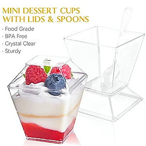 Qeirudu 50 Pack 3.5 oz Mini Dessert Cups with Lids and Spoons - Parfait Cups with Lids Plastic Square Shooter Cups for Party Appetizers Pudding Mousse Triffle