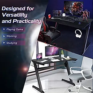Goplus 45.5 Gaming Desk, Z Shaped Racing Game Table with Carbon Fiber Surface, Mouse Mat, Headphone Hook, Cup Holder, Game Handle Rack, Ergonomic Home Office Computer Table Gamer Workstation